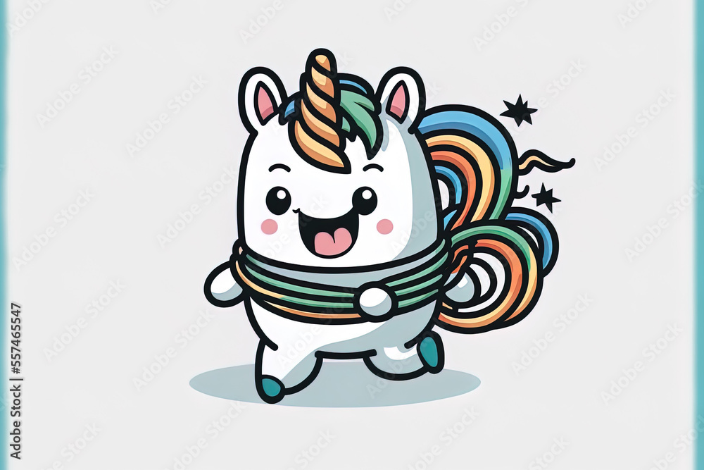 Cute unicorn jumping rope in a cartoon icon depiction of an animal ...