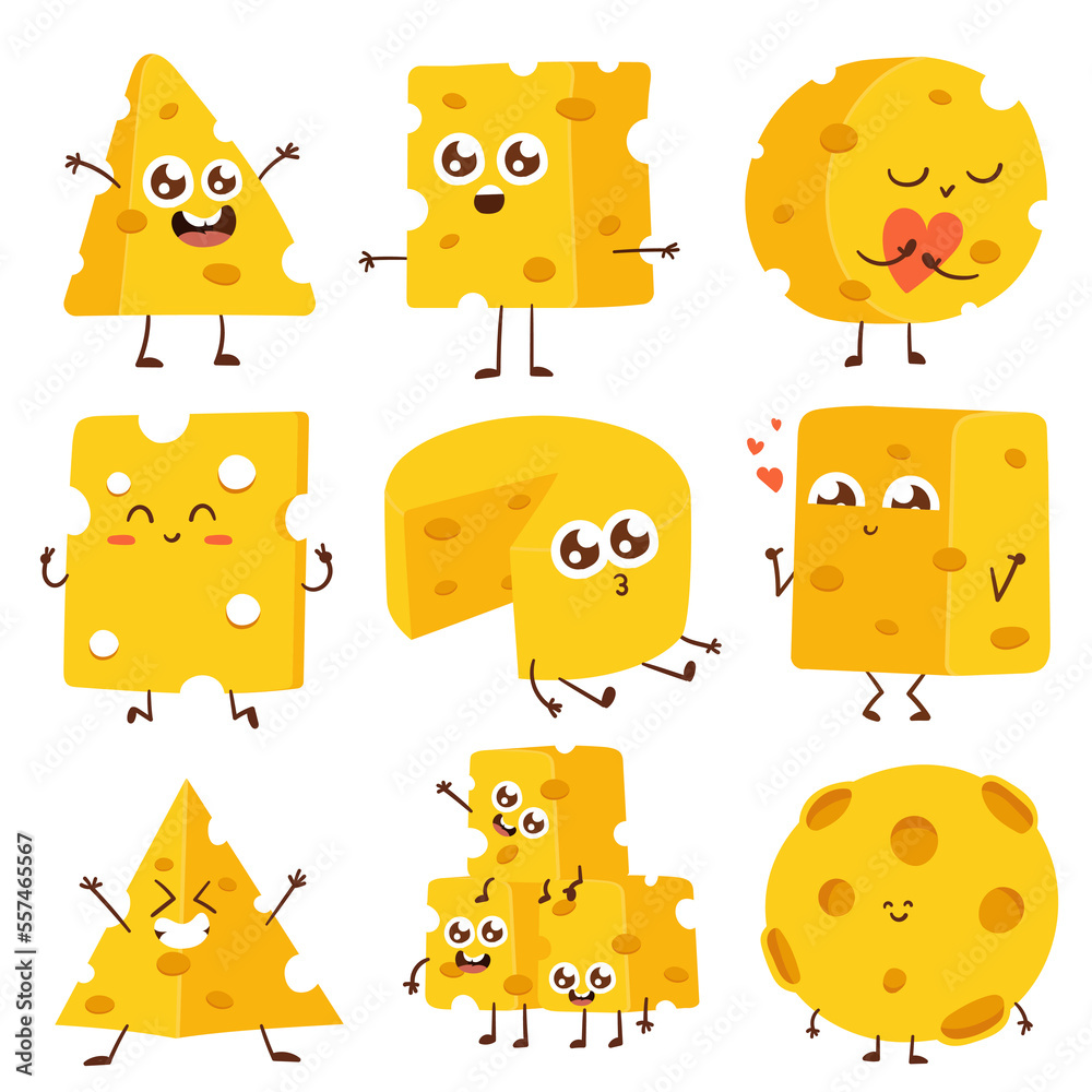 Cute happy cheese character. Funny food emoticon in flat style. Dairy ...