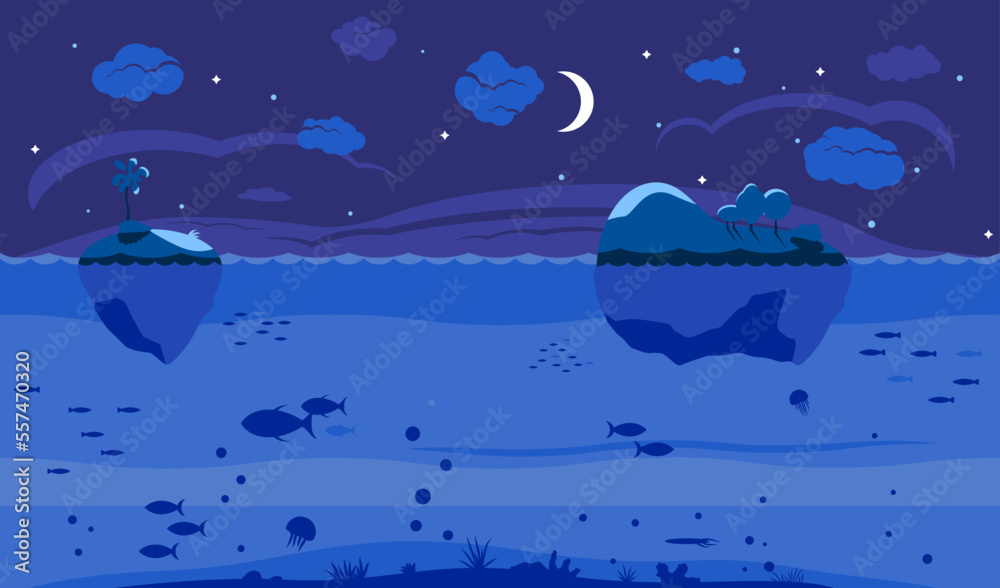 Night sea game background with islands and underwater life tillable ...