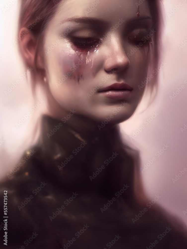 A beautiful crying girl with a bruise on her face, with blond hair ...