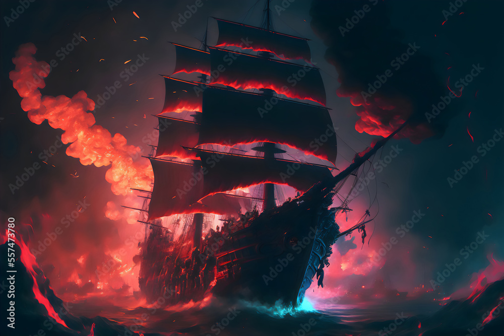 A fierce battle between a pirate frigate with black sails and a Demon ...