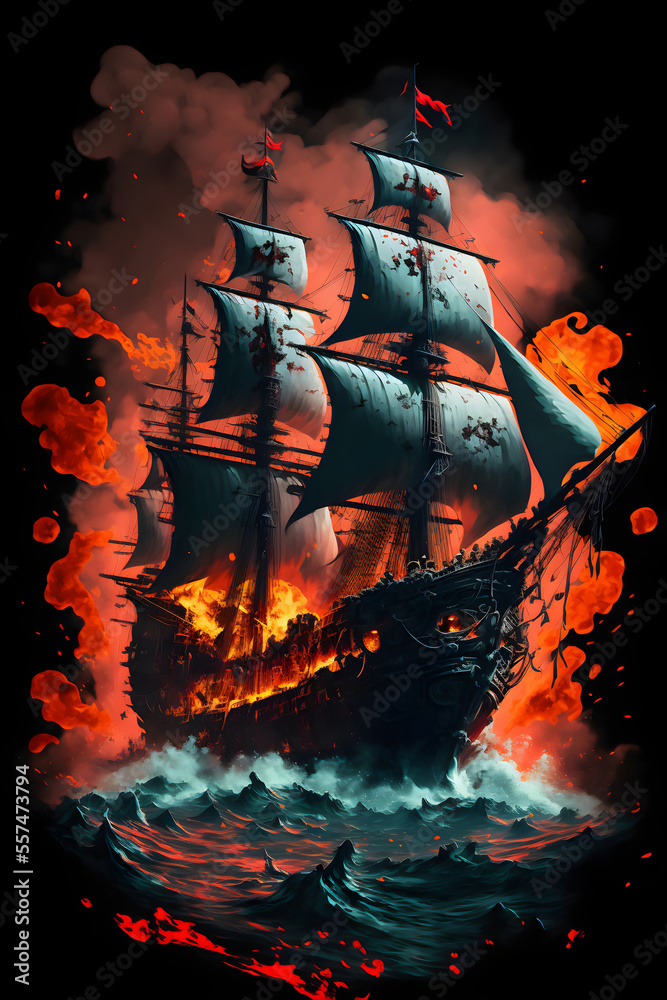 A fierce battle between a pirate frigate with black sails and a Demon ...