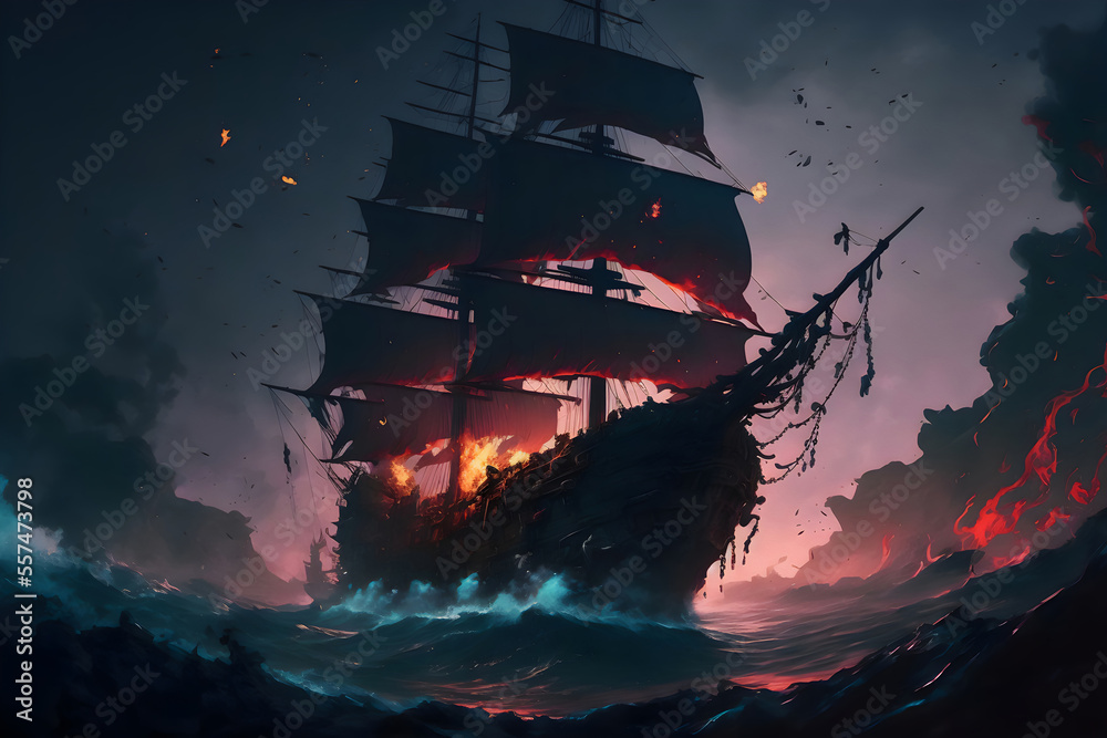 A fierce battle between a pirate frigate with black sails and a Demon ...