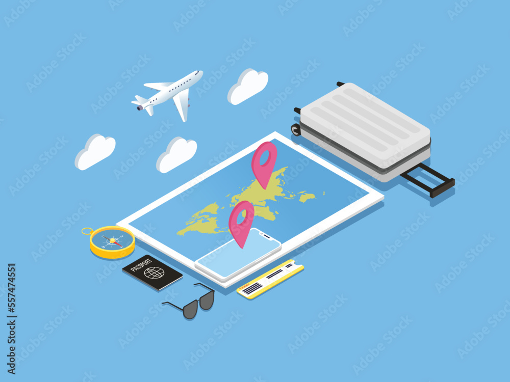 Travel map with location pin destination, passport, and luggage Stock ...