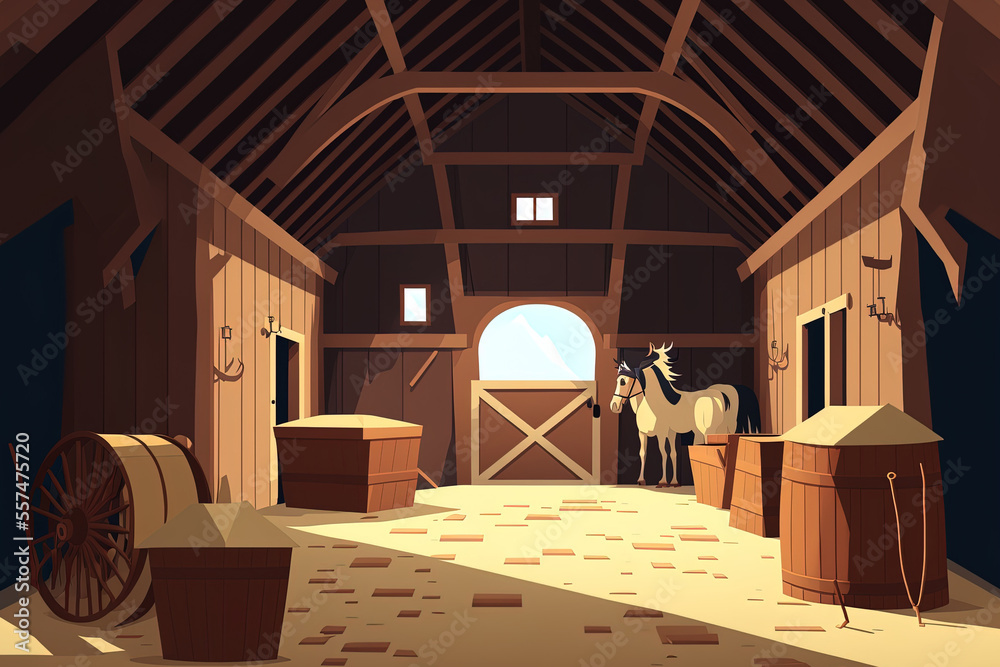 Interior of a horse stable or an animal barn. inside of the farm home ...