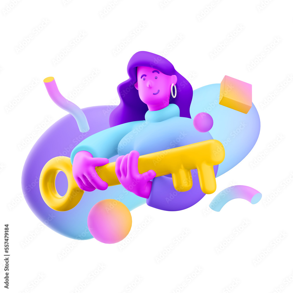 3d illustration. Cartoon girl 3d character with big key. Stock ...