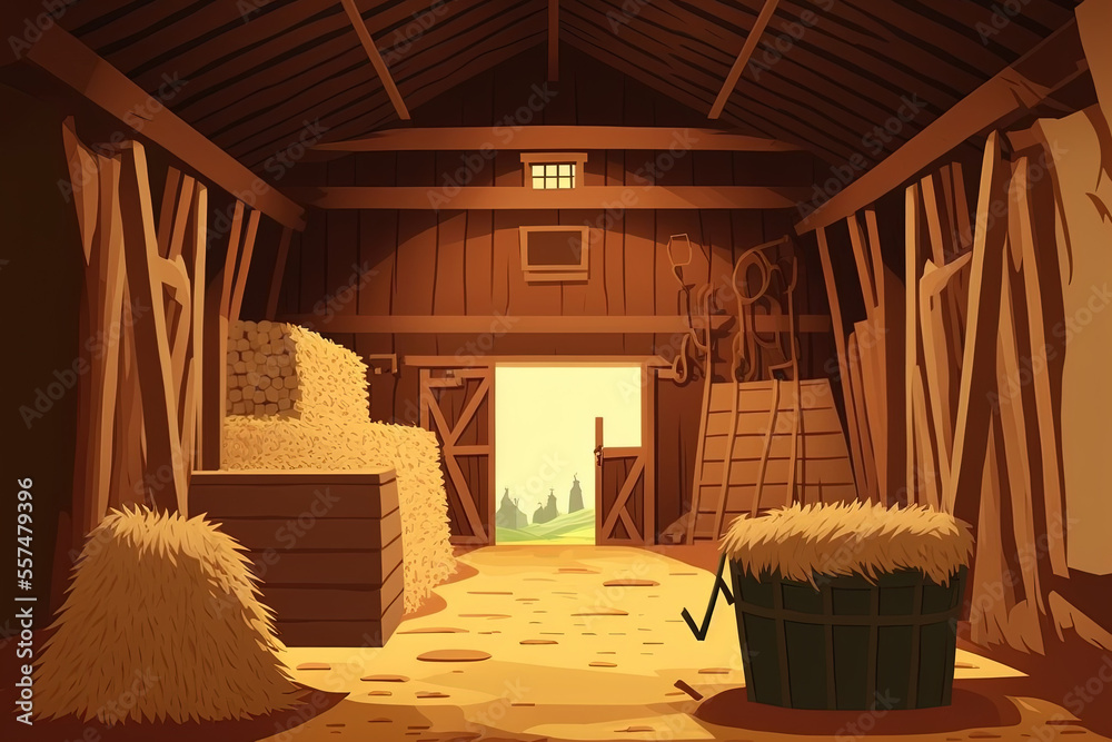 Interior of a wooden haystack barn in a rural community. Illustration ...