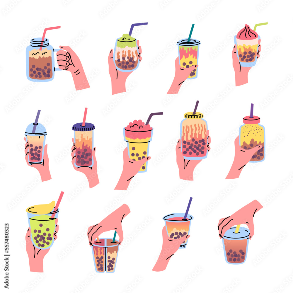 Vector different boba tea types in hands doodle set. Human hands ...