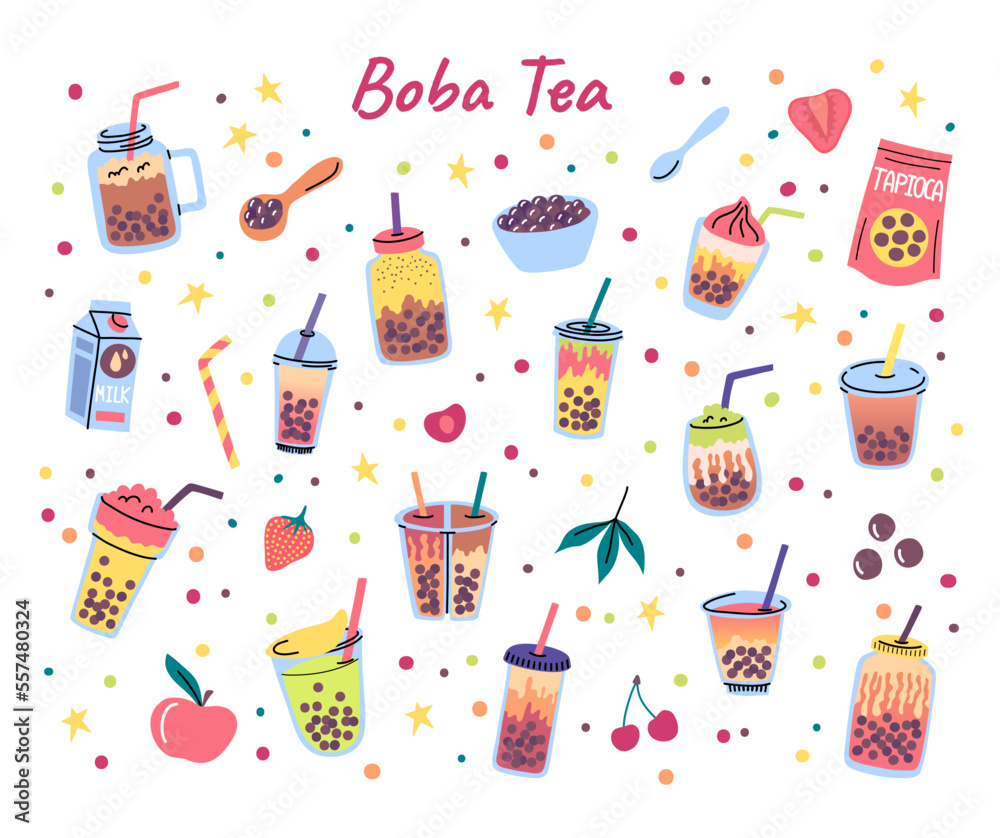 Vector boba tea types doodle set. Tapioca bubble tea drinks in plastic ...