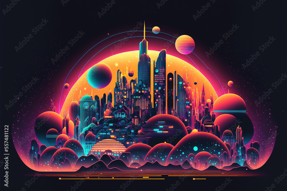 Neon city illustration with tall skyscrapers in abstract infographic ...