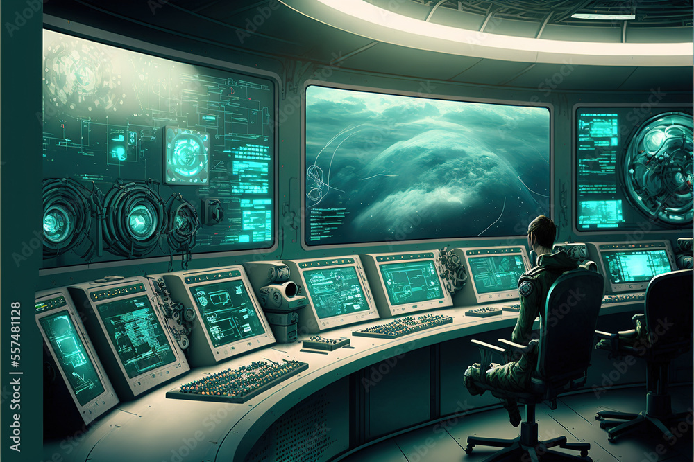 ภาพประกอบสต็อก High tech control room with large screens and computer ... ภาพประกอบสต็อก High tech control room with large screens and computer ...