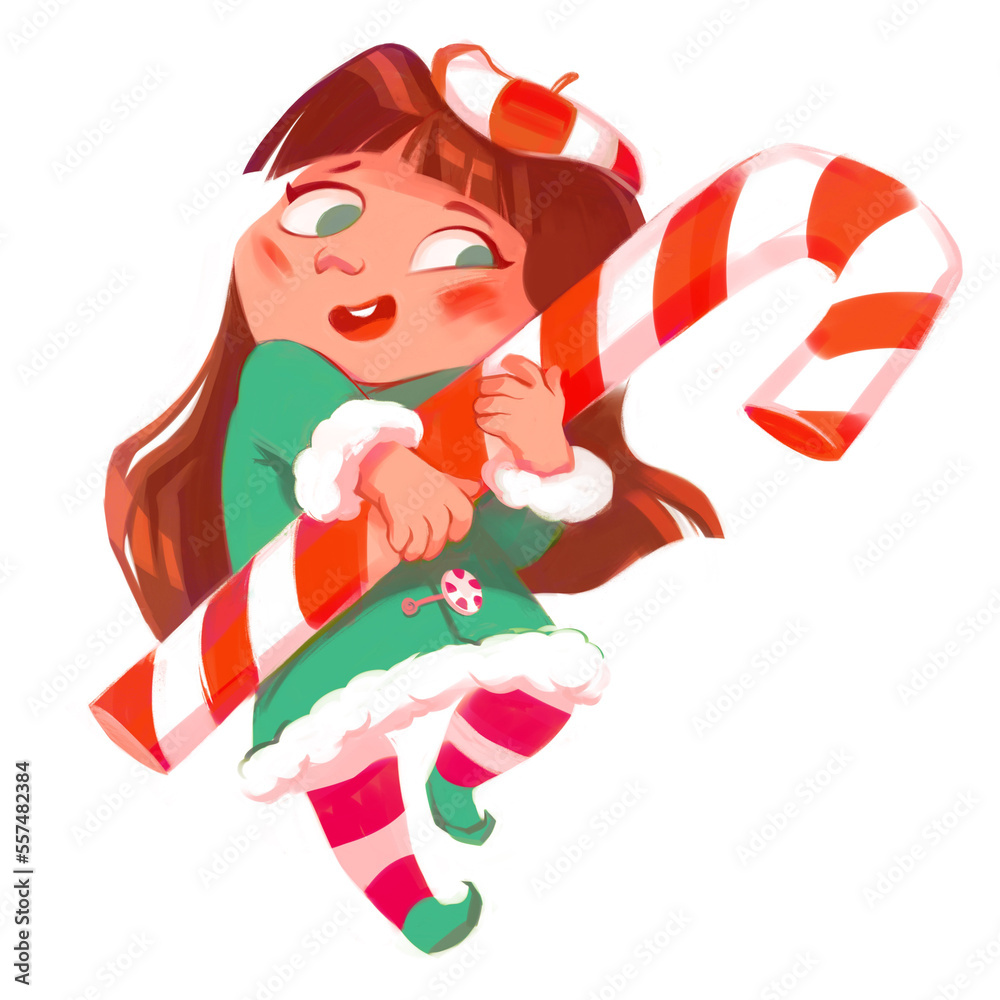 A little girl with a big candy cane. Christmas illustration. Funny ...
