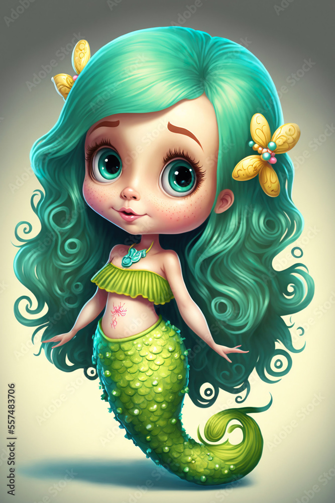 Beautiful cartoon cute Mermaid. Poster for kids. AI illustration Stock ...