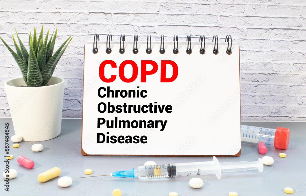COPD concept photo with nasal cannula, pills, vials, and syringe. Stock ...