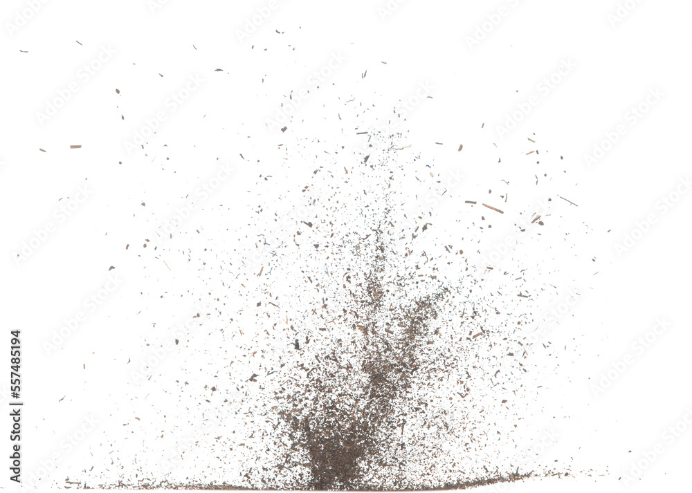 Black dried leave Tea explode. Small Fine size tea leaf flying ...