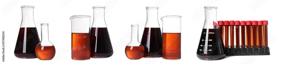 Test tubes and flasks with brown liquid on white background, collage ...