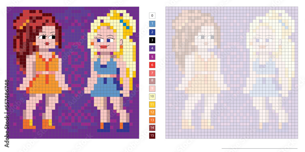 pixel illustration vector, two girlfriends, pixel art, embroidery ...