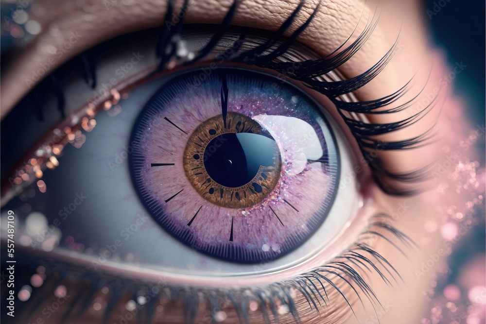 4K resolution or higher, realistic female eyes with pink Iris that ...