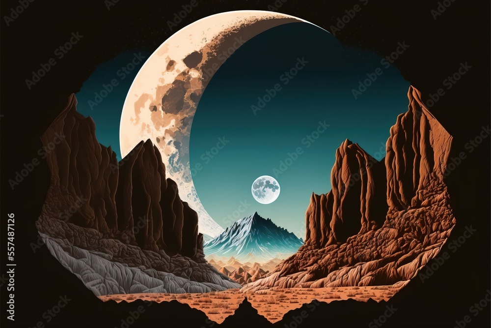 4K resolution or higher, moon cut in half spread out hanging above two ...