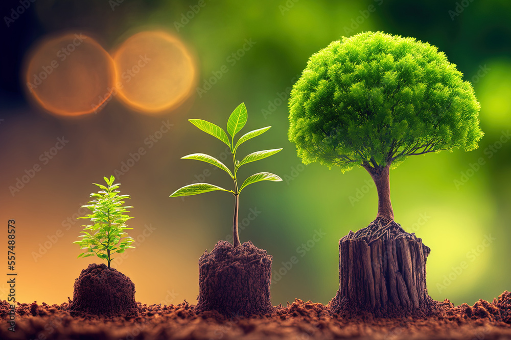 World Environment Day, little trees of various sizes against a green ...