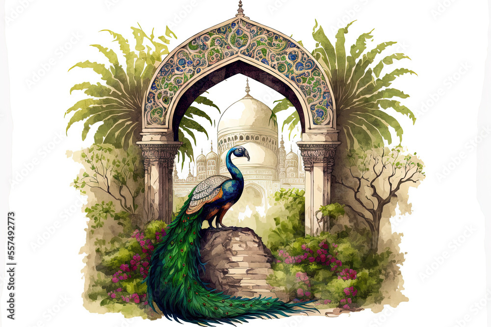 Illustration of a traditional Indian Mughal arch, dome, garden, peacock ...