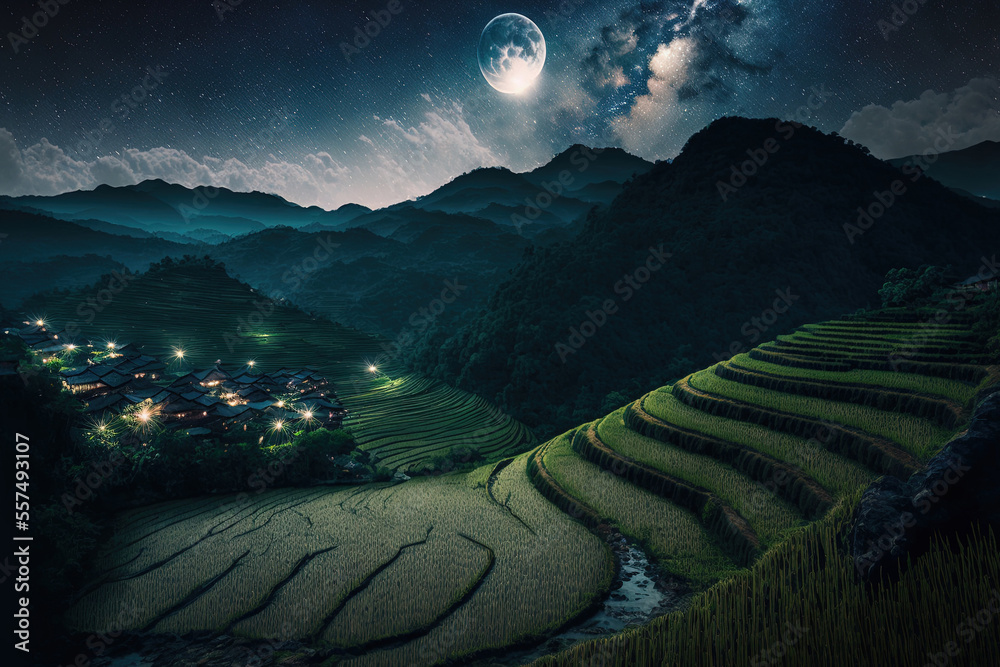 Nighttime rice field terraces in an Asian mountain setting with ...