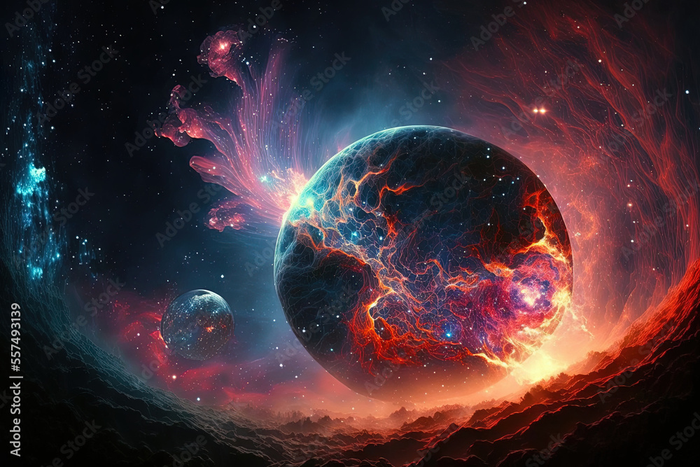 cosmic flare in a nebula, the universe, and a planet at dusk in a ...
