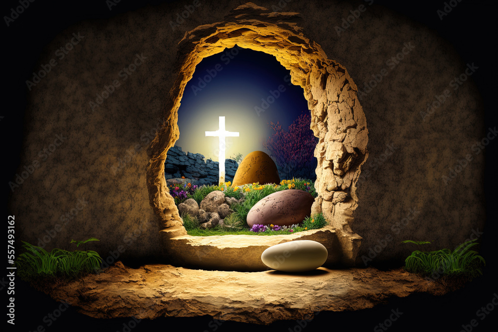 Easter image depicts the empty tomb of Jesus with a stone that has been ...