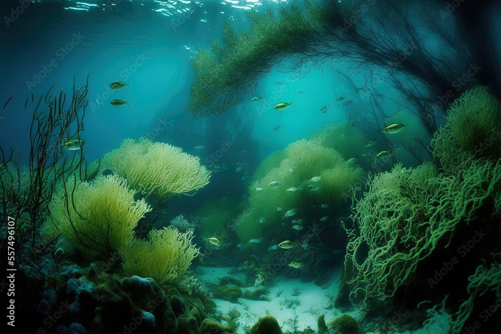Algae, fresh water, a lake's underwater scenery, and green water are ...