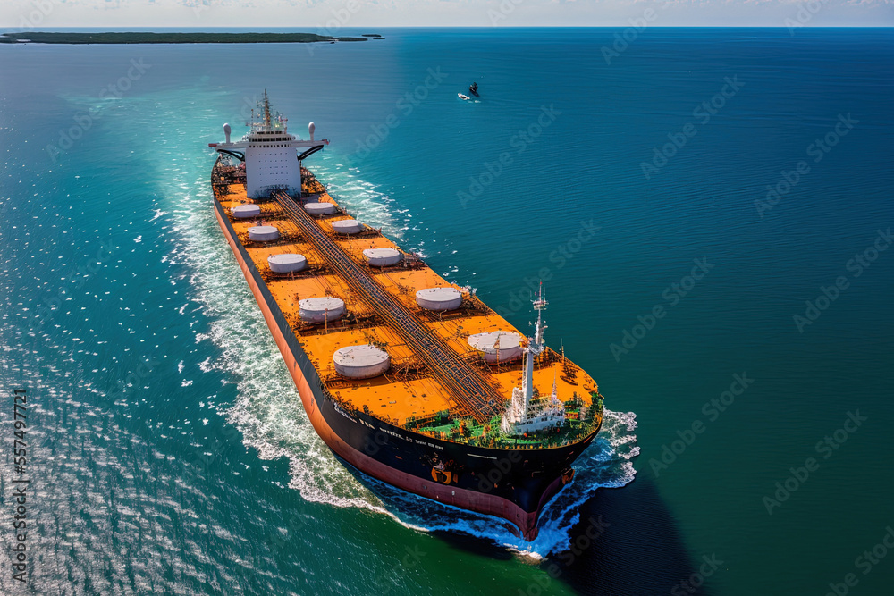 oil tanker ship on open water, seen from the side from an aerial ...