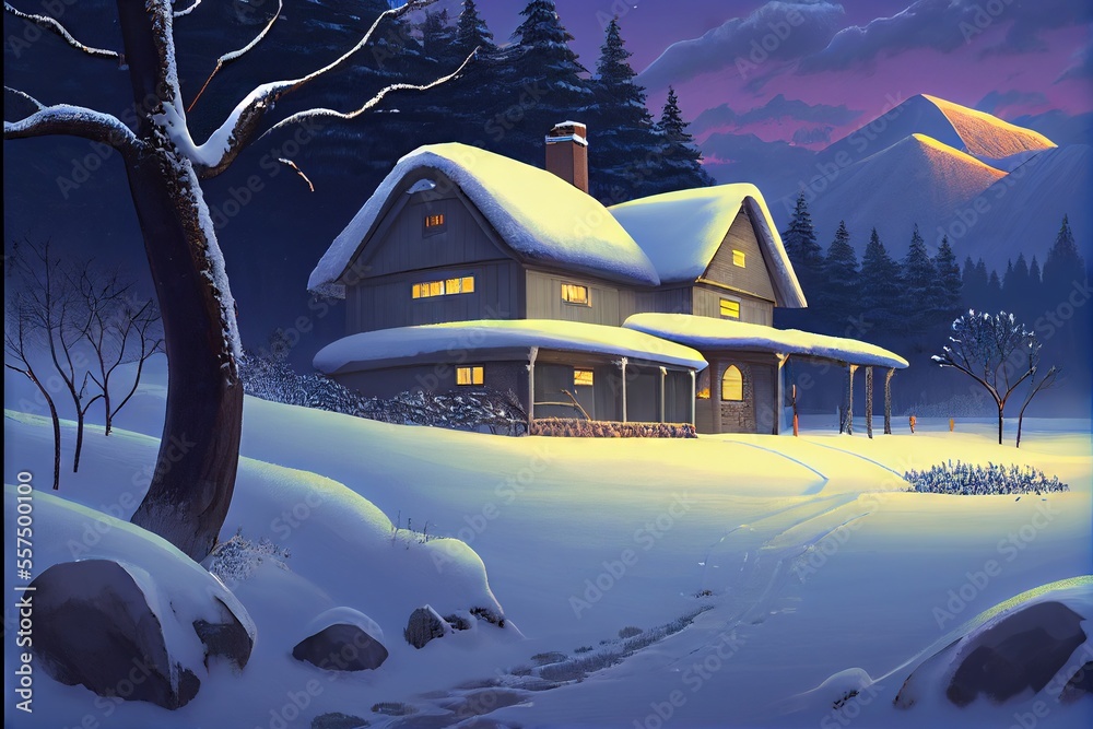 Winter House - snow-covered idyllic home scene. Lonely single home off ...