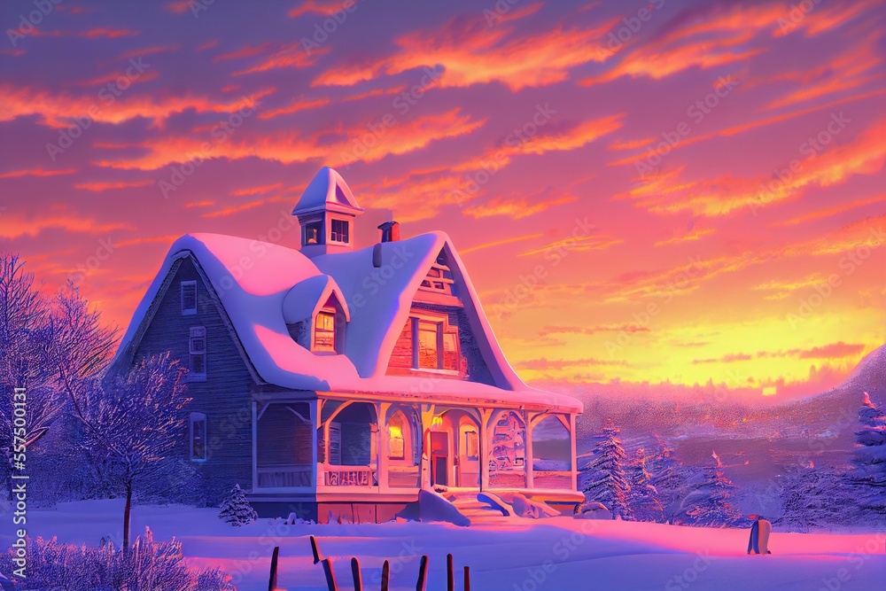 Winter House - snow-covered idyllic home scene. Lonely single home off ...