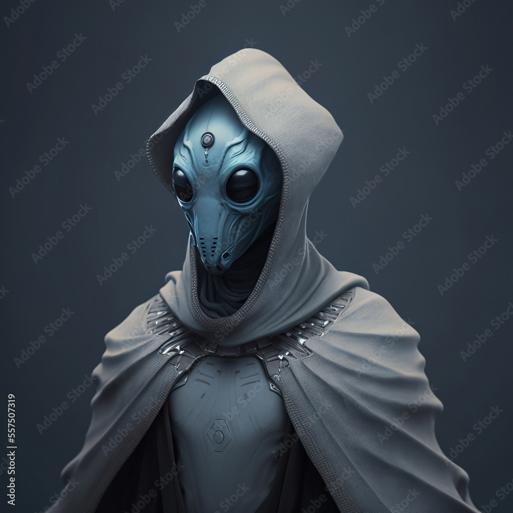 A cloaked pale blue alien wearing a breathing mask. Stock Illustration ...