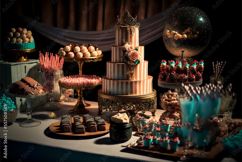 table with a large cake or dessert display, surrounded by party favours ...