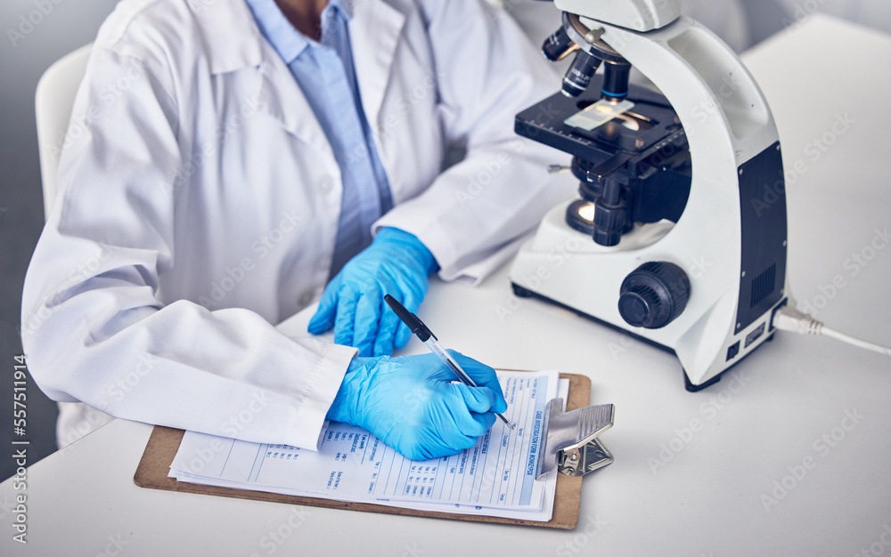 Research, clipboard and scientist writing, checklist and schedule form ...