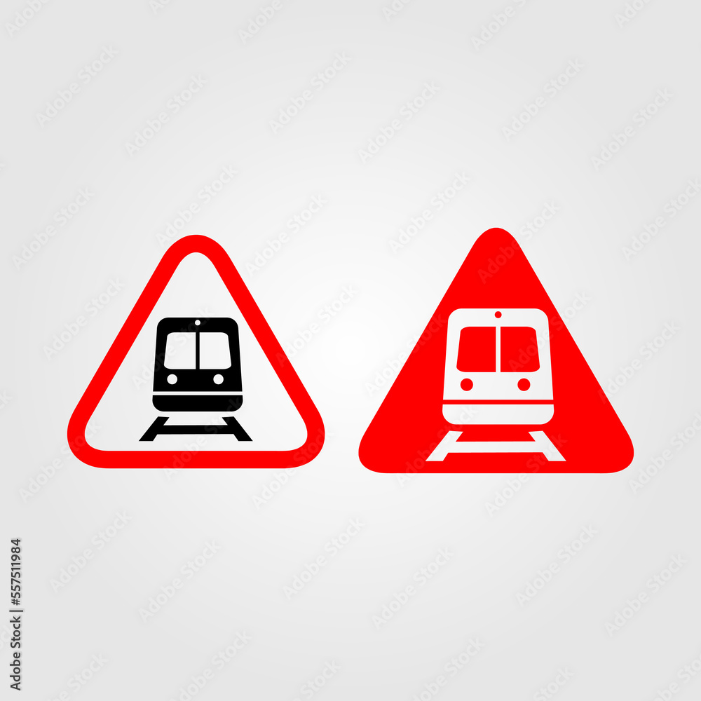 Railway train level crossing road sign. Vector illustration of warning ...