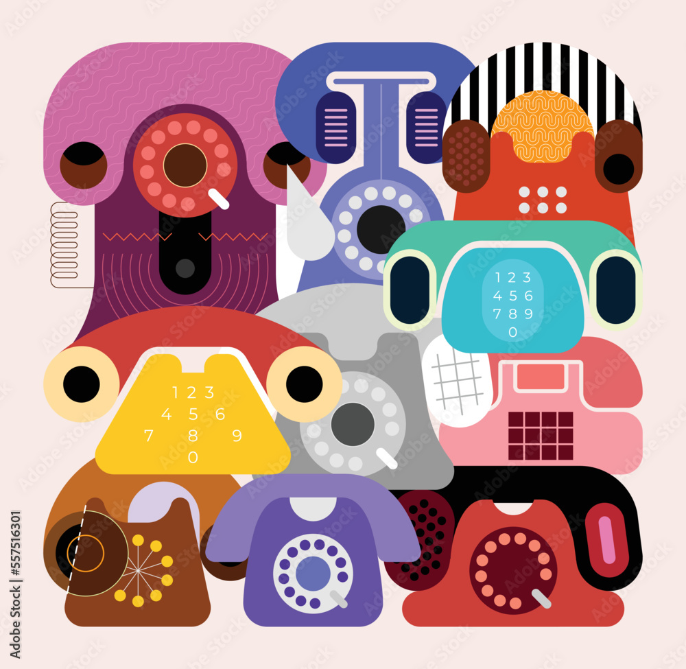 Design of many multicolored retro landline telephones on a light ...