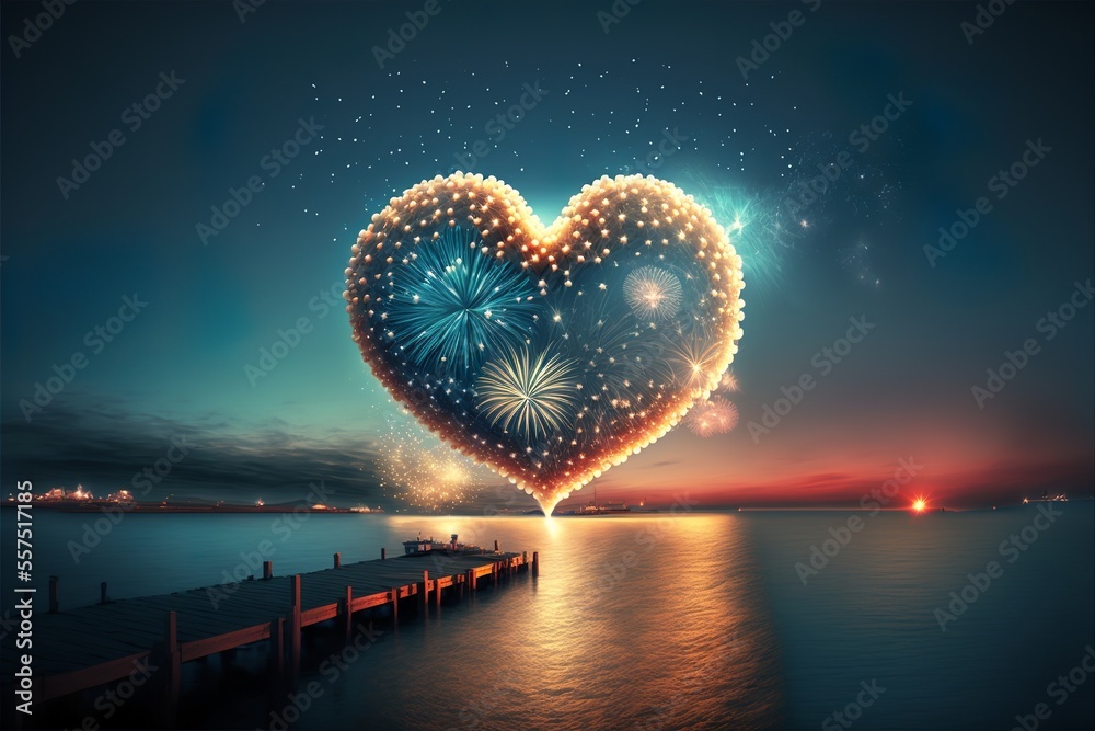 Heart-shaped fireworks in the night sky, in a romantic mood near the ...