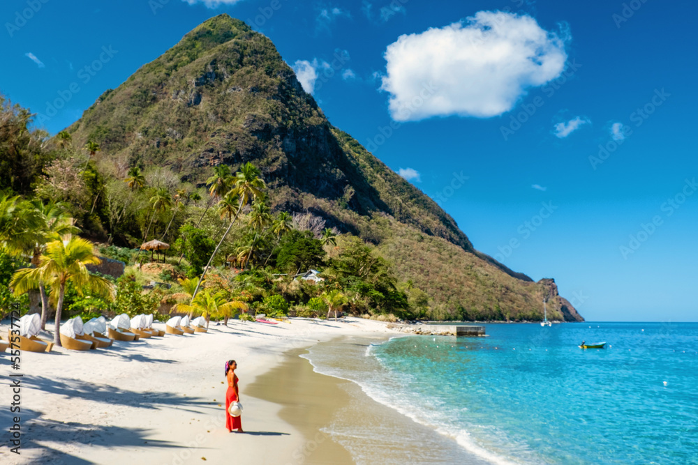 St Lucia Caribbean, woman on vacation at the tropical Island of Saint ...