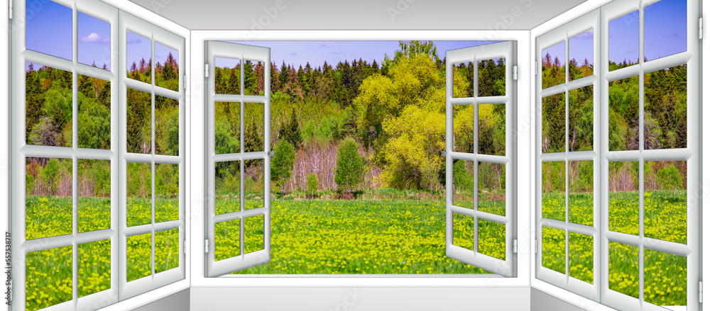 nature landscape with through a window with curtains Stock Photo ...