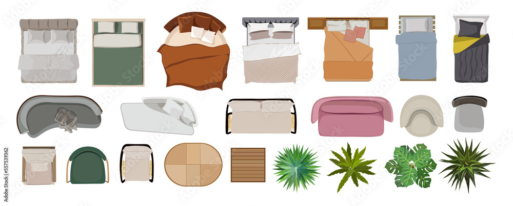Set of different Top view furniture icons for interior design plan ...