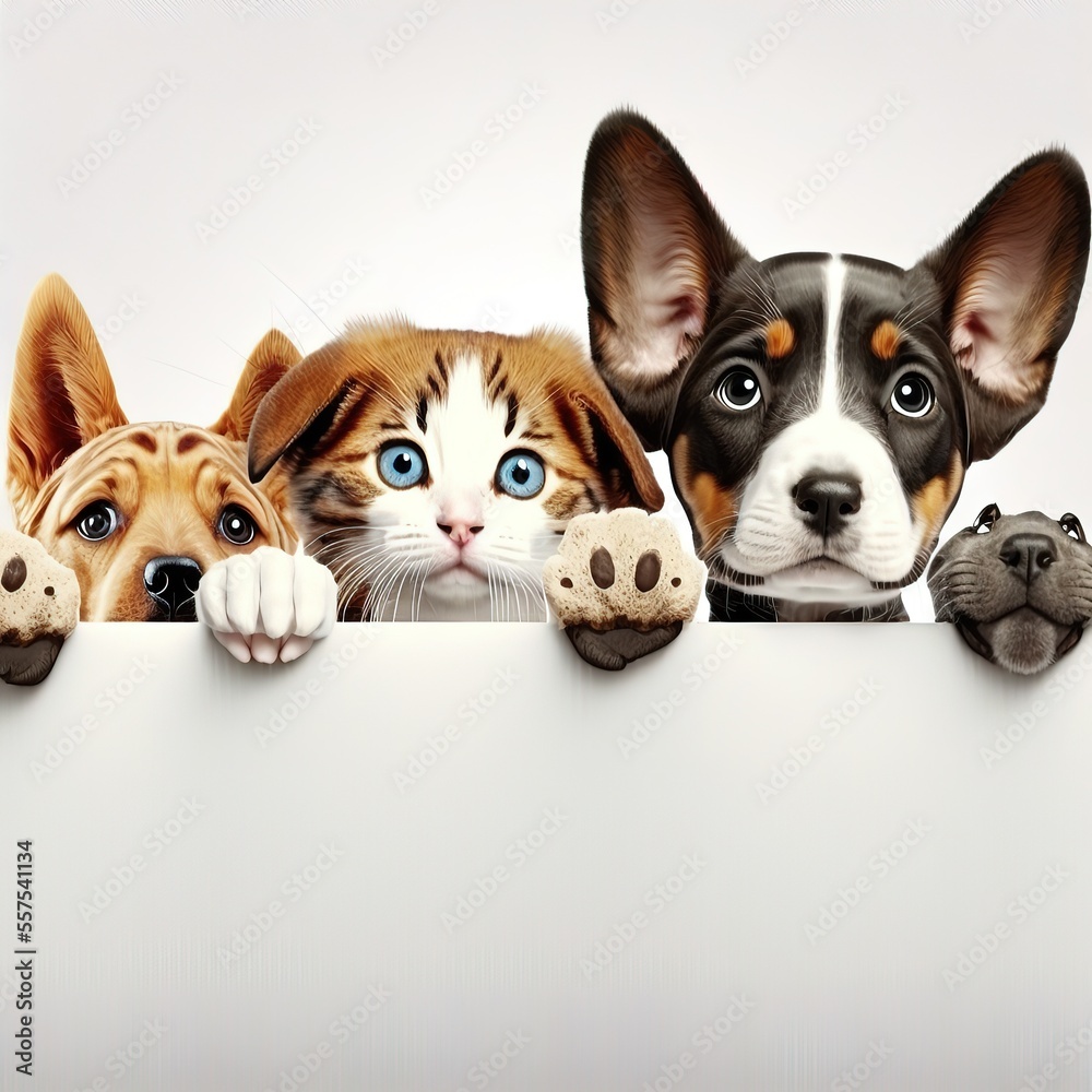 Row of the tops of heads of cats and dogs with paws up, peeking over a ...