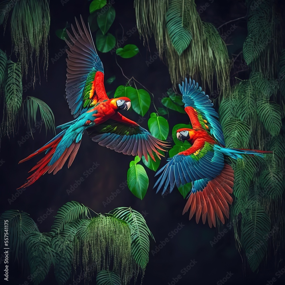 Hybrid parrots in forest. Macaw parrot flying in dark green vegetation ...