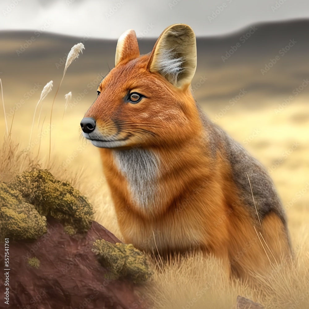 very rare endemic ethiopian wolf, Canis simensis, Sanetti Plateau in ...