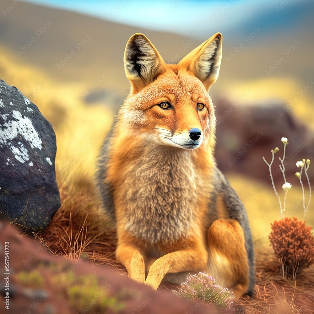 very rare endemic ethiopian wolf, Canis simensis, Sanetti Plateau in ...