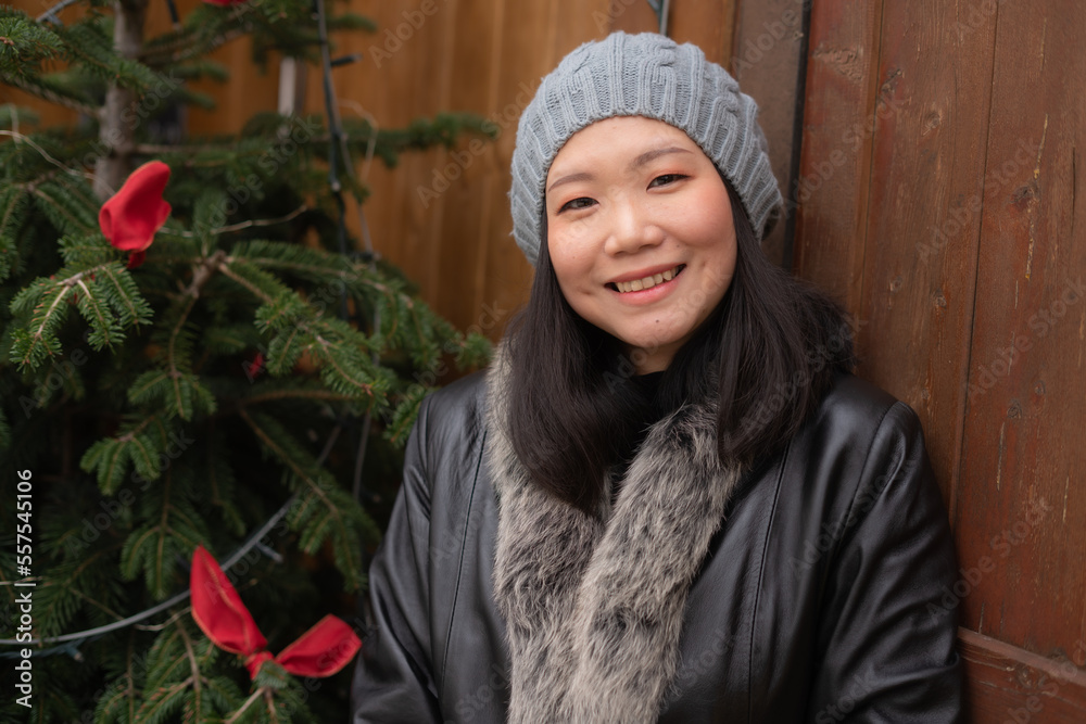 outdoors urban portrait of young happy and beautiful Asian Chinese ...