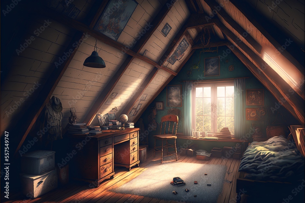 Attic furnished for living room, nice view, interior retro style Stock ...