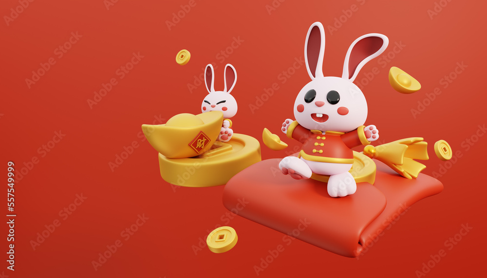 2023 Year of The Rabbit banner. 3D render Rabbit on floating red ...