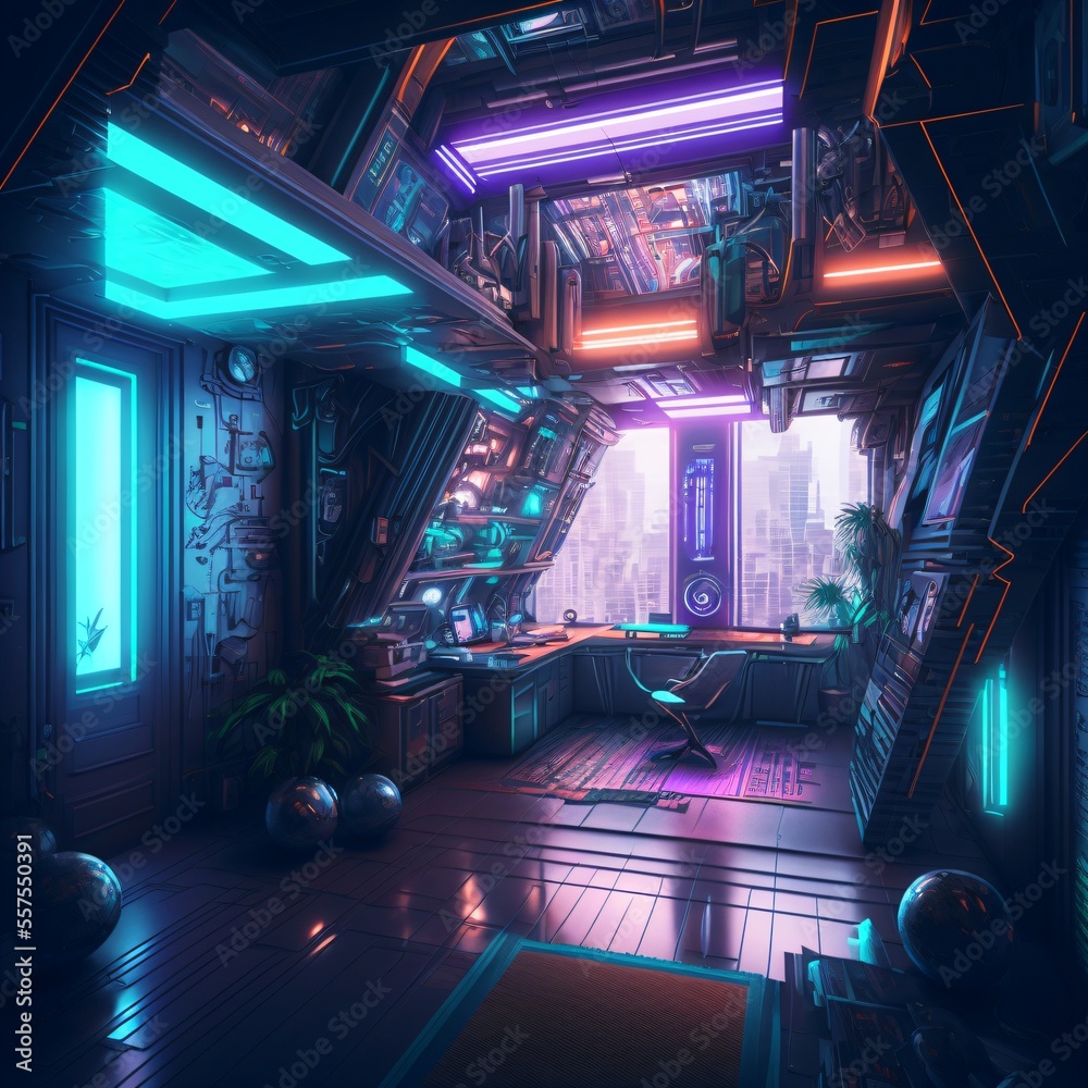 futuristic cyberpunk interior with big window, steampunk fantasy retro ...