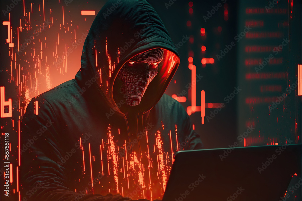 Computer hacker stealing data from a laptop. Created with Generative AI ...